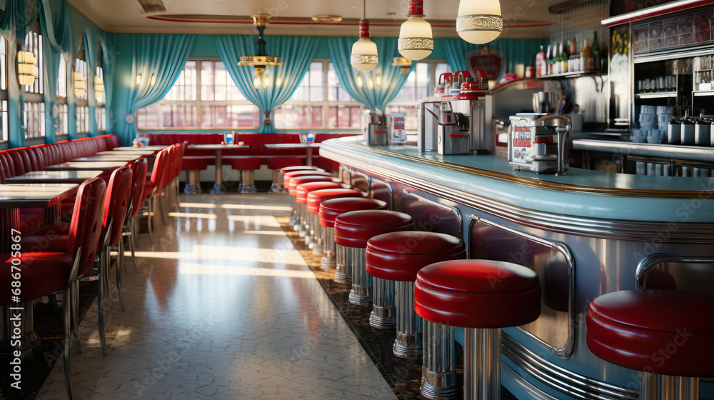 Old American diner from the 50s. Empty backdrop. Concept of Nostalgic ...