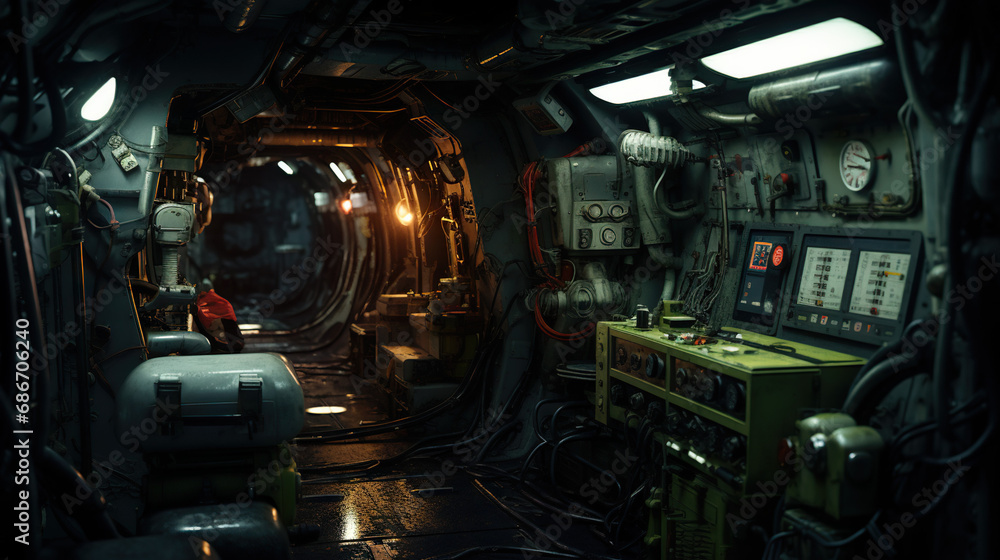 Submarine interior. Dark and moody. Concept of Submersible Exploration ...