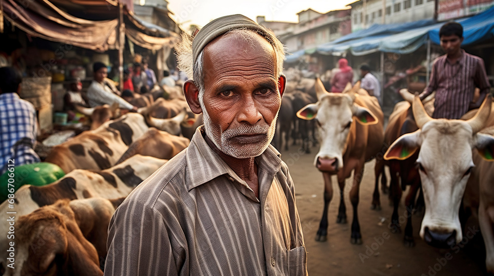 Portrait of an Indian man at a market in India with cows. Concept of ...