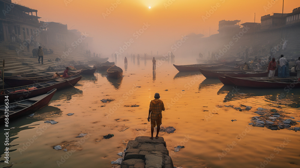Group of people taking a bath in the Ganges River in India. Concept of ...