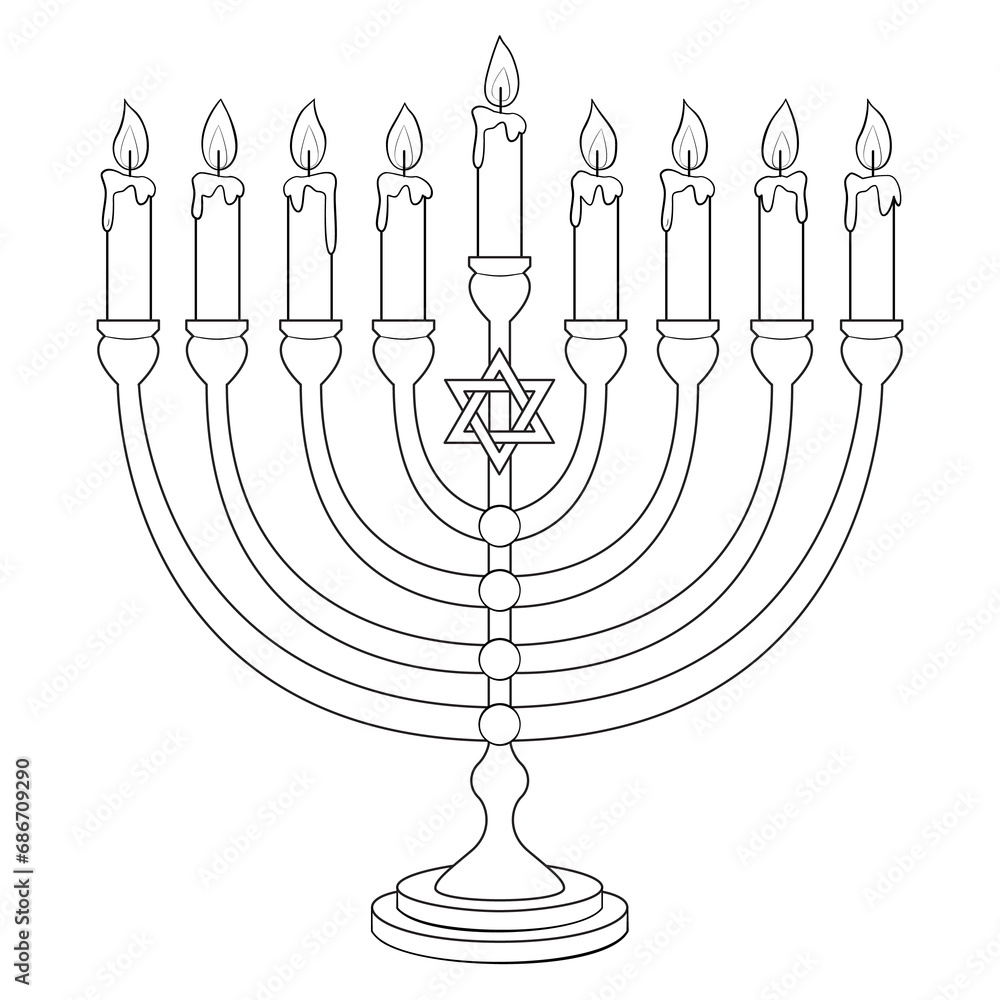 Traditional menorah, candle. Happy Hanukkah Illustration. Coloring page ...