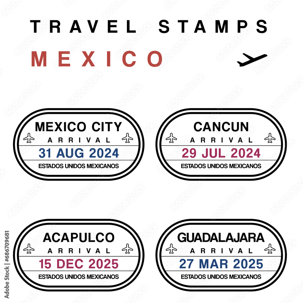 Travel stickers - passport stamps set (fictitious stamps). Mexico ...