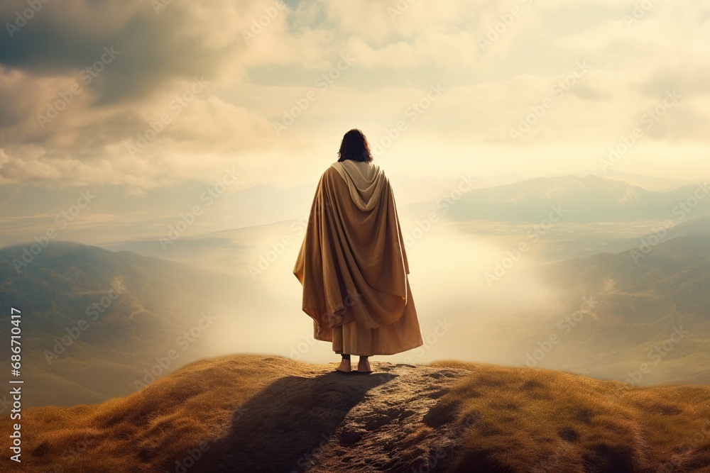 Jesus christ standing alone on hill back view Stock Illustration ...