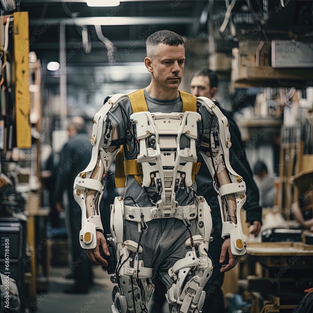 Man wearing high tech exoskeleton. Great for stories on robotics ...