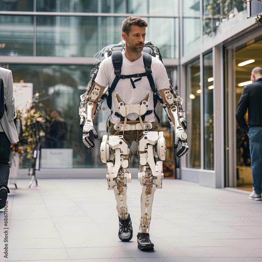 Man wearing high tech exoskeleton. Great for stories on robotics ...