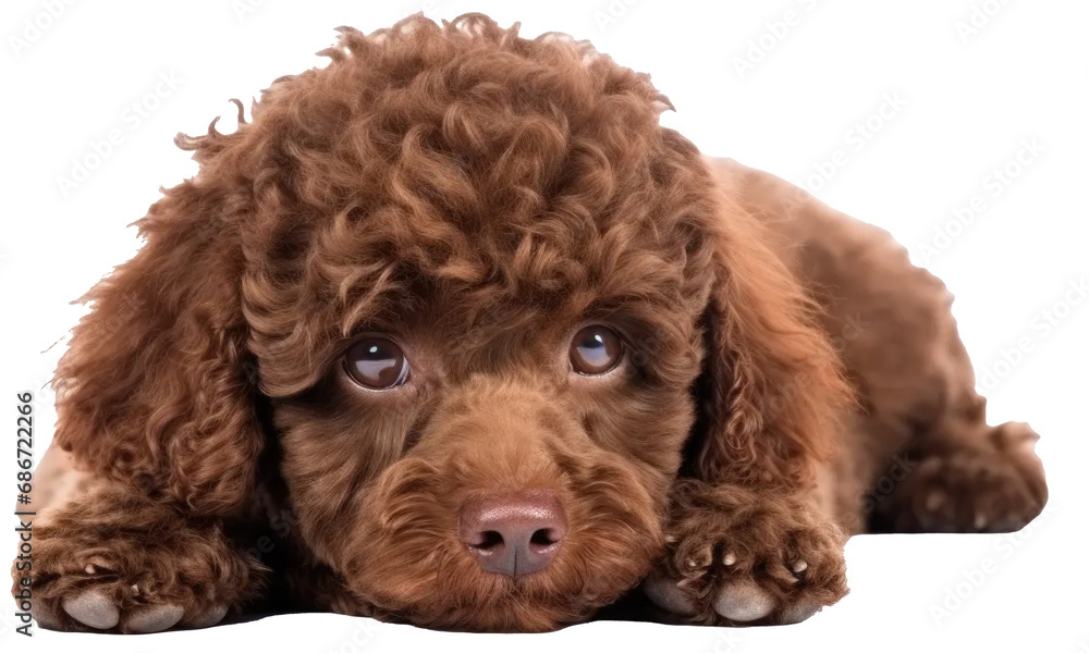 Adorable, cute, chocolate brown miniature poodle lying isolated on ...