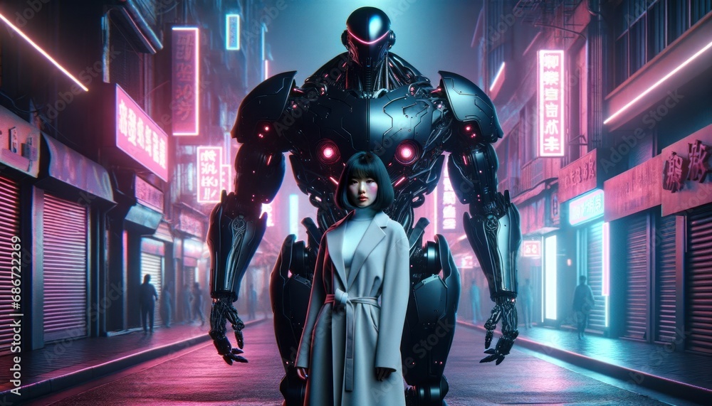 Stylish young woman stands confidently with her robotic guardian on a ...