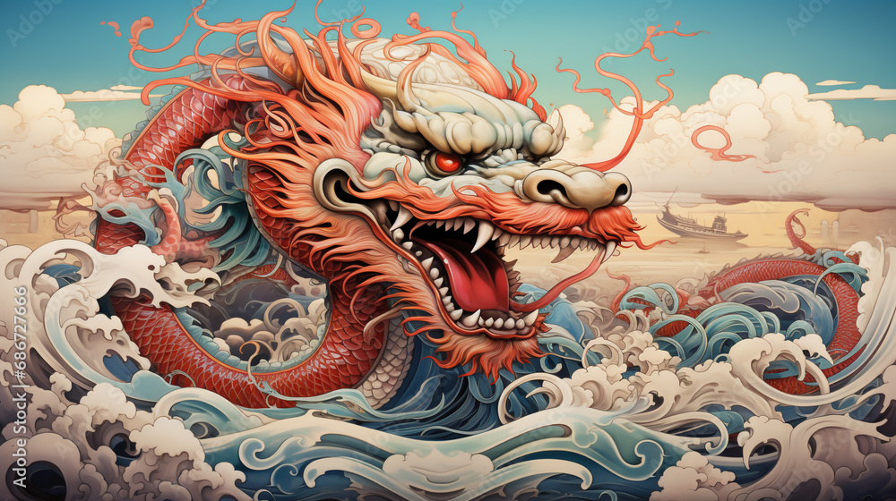 Chinese style traditional dragon illustration flying through the clouds ...