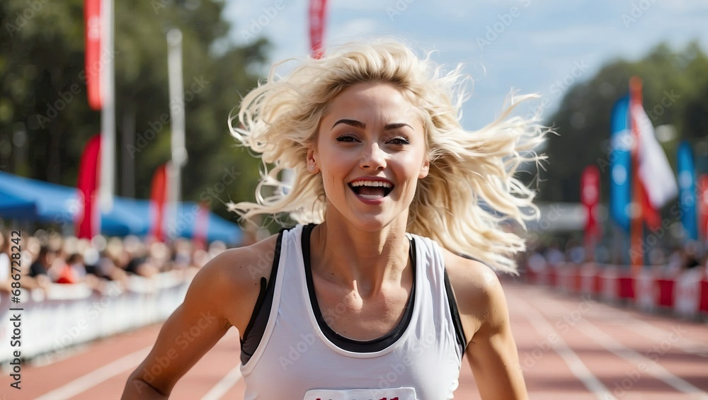 Foto de An exuberant young white woman with flowing blonde hair is ...