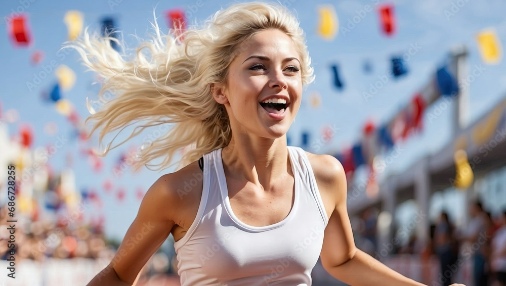 Foto de A radiant young white woman with blonde hair is captured mid-stride, her face beaming ...