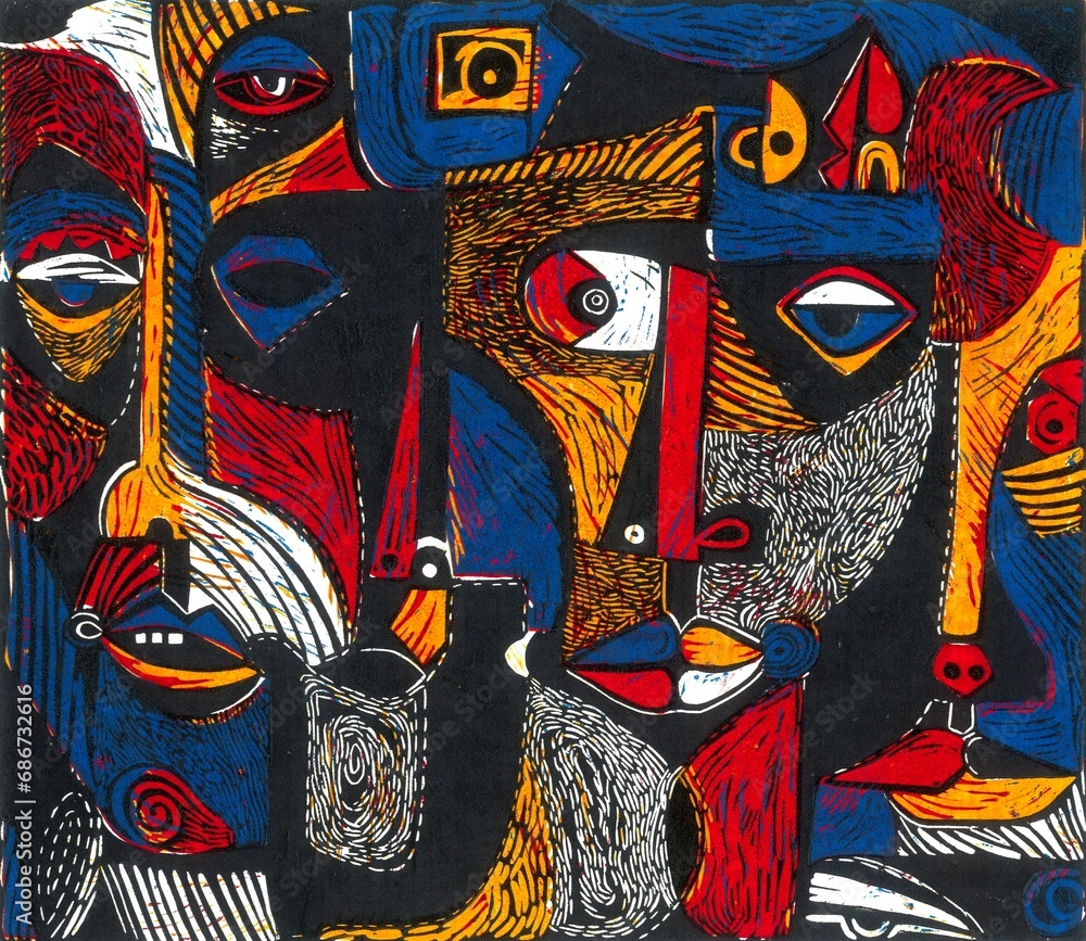 Faces and masks - illustrations in linocut style. A modern picture for ...