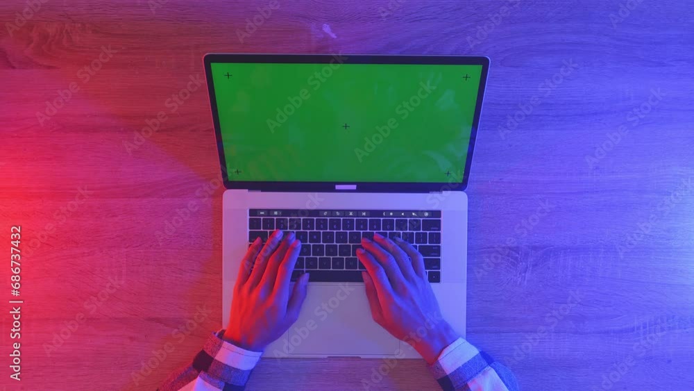 Top Down View Of Man'S Hands Typing On A Laptop Computer With Mock Up Green Screen Chromakey ...