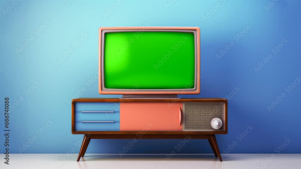 Vintage TV with green screen to replace image on wooden retro stand ...