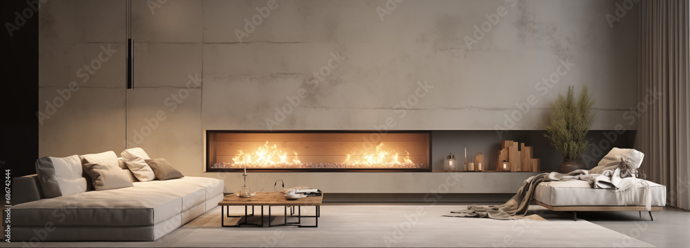 Fireplace in room with concrete wall. Loft minimalist style home ...