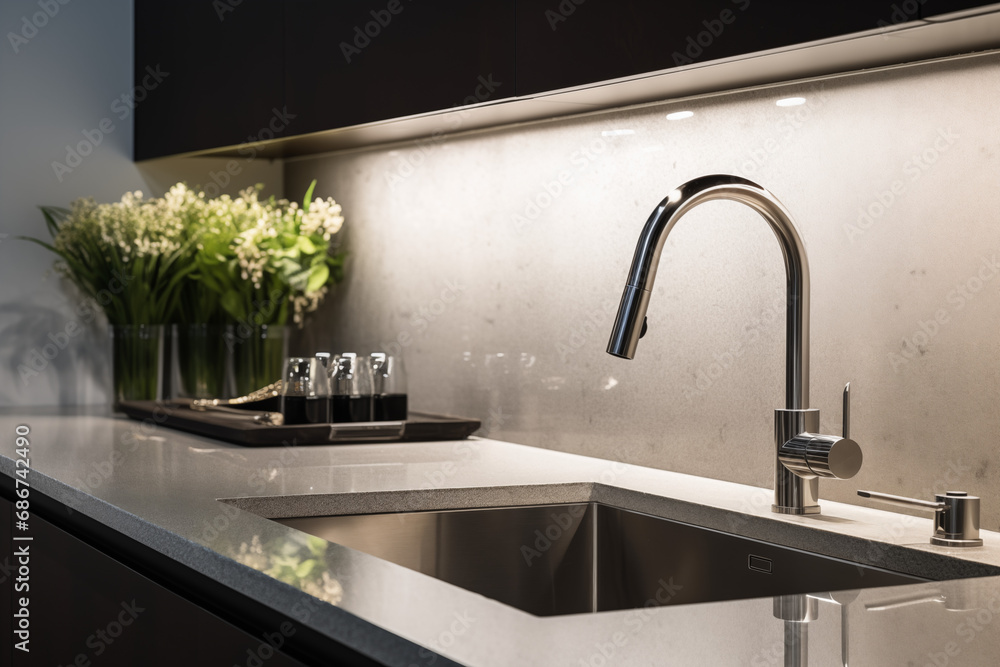 A sleek and modern kitchen setting featuring a stainless steel ...