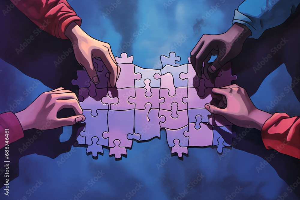 Unified hands collaborate on a jigsaw puzzle, embodying teamwork and ...