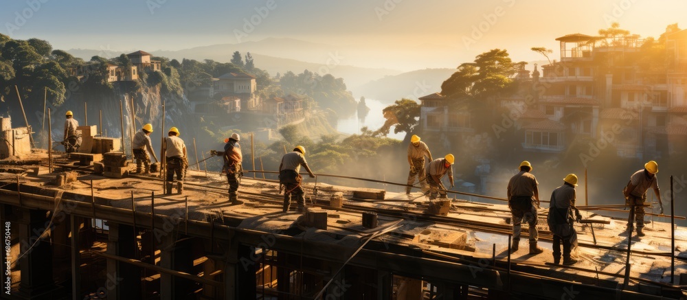 top view Construction workers make steel reinforcement at a ...