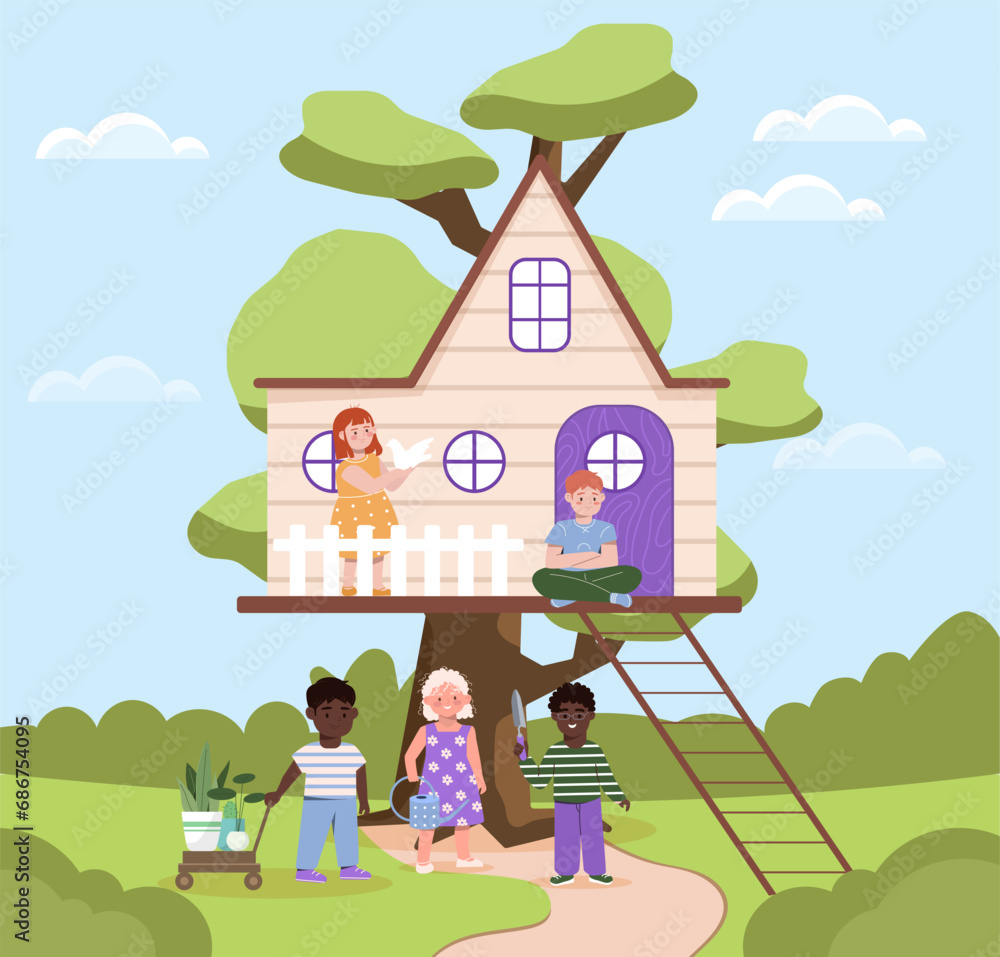Happy child with tree house. Boys and girls near building with white ...