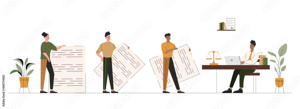 Lawyer office set. Men and women with pappers, documents and contracts ...