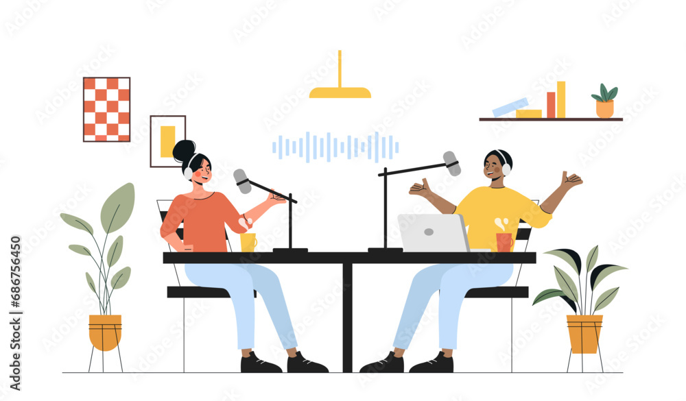 Podcast in studio concept. Man and woman with microphone creating ...