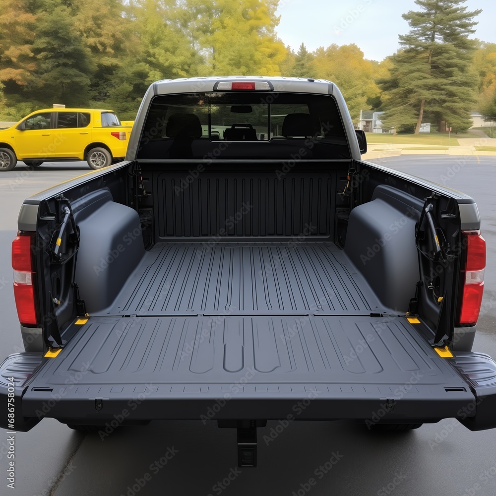 Pickup car with open trunk door ready for loading. Empty trunk boot on ...