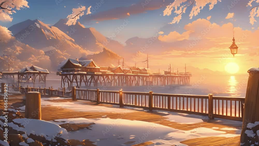 pier stands still, covered light dusting snow, slowly rises distance ...