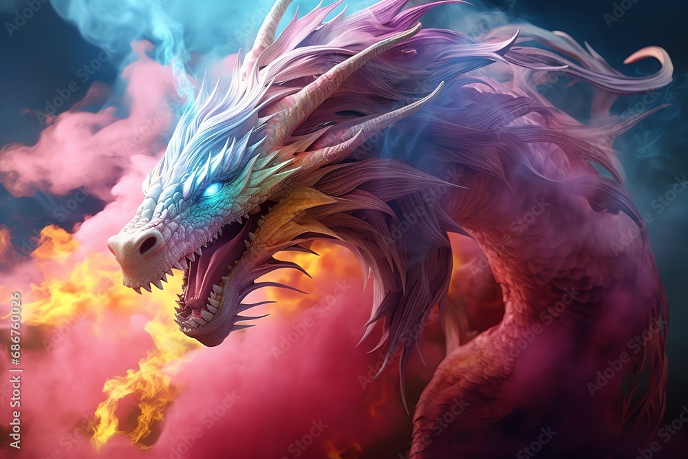 Smoke dragon. Vivid, swirling smoke forms a colossal dragon. Vibrant ...