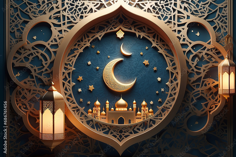 Ornate Islamic crescent moon and stars with mosque silhouette against a ...