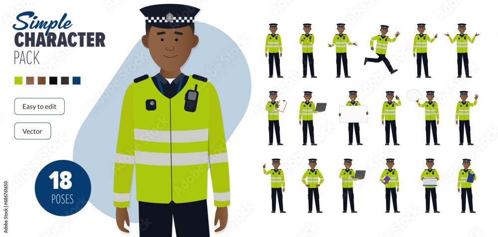 Simple flat black police man officer vector character in a set of ...
