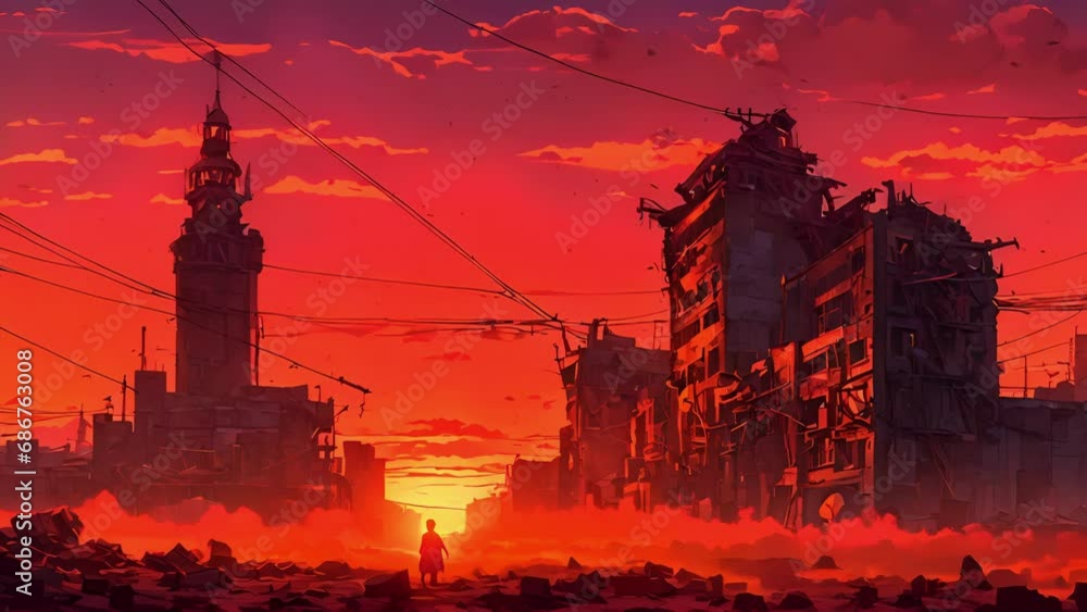 sets behind silhouette broken clock tower, apocalyptic cityscape bathed ...