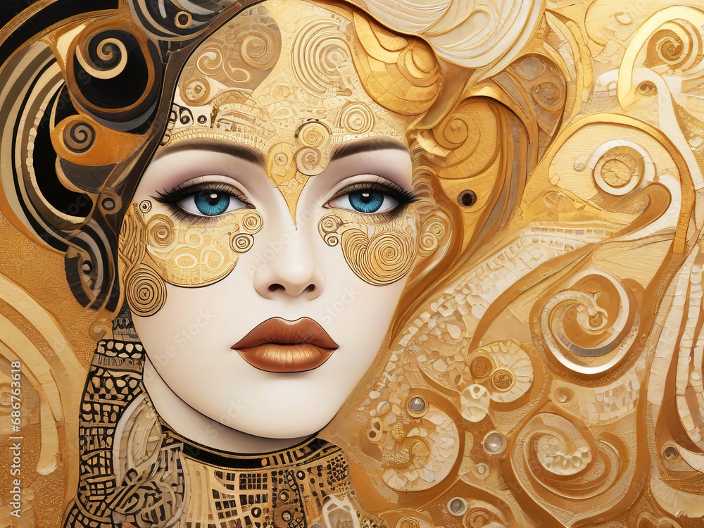 Abstract art with beautiful woman portrait, gold mosaic design vintage ...