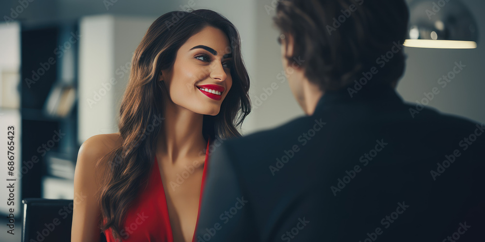 Sexy long hair woman with bright makeup and red lips talk, smirk and ...