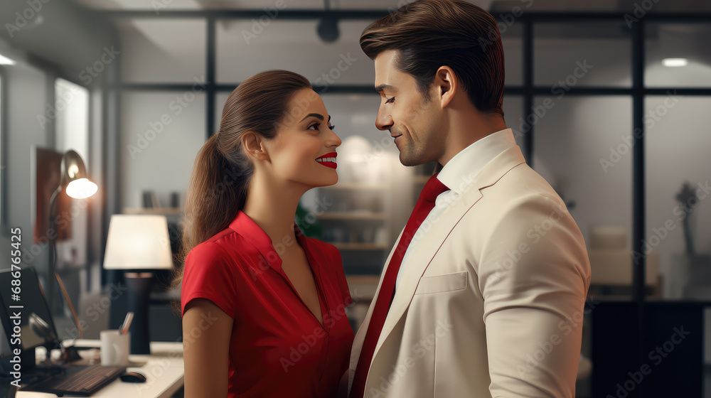 Sexy woman with bright makeup and red lips talk, smirk and flirt in an ...