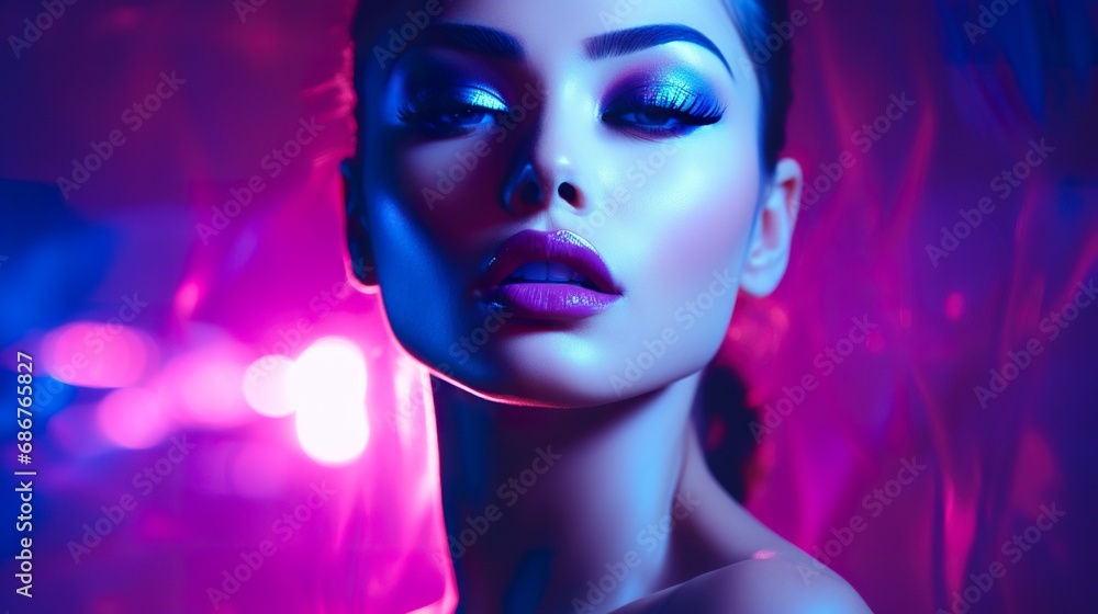 beauty and fashion portrait of woman in ultraviolet light, beautiful ...