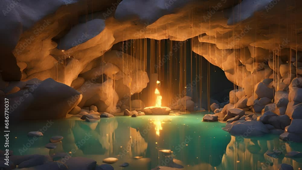 mystical spring hidden cave side mountain, illuminated soft fireflies ...