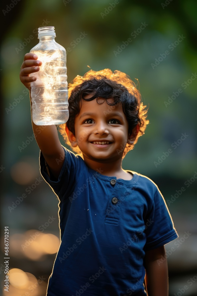 Indian child with a bottle of water. The problem of lack of clean water ...