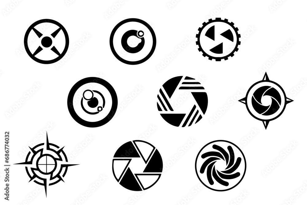 Camera shutter and lens icon diaphragm. Camera shutter and camera lens ...