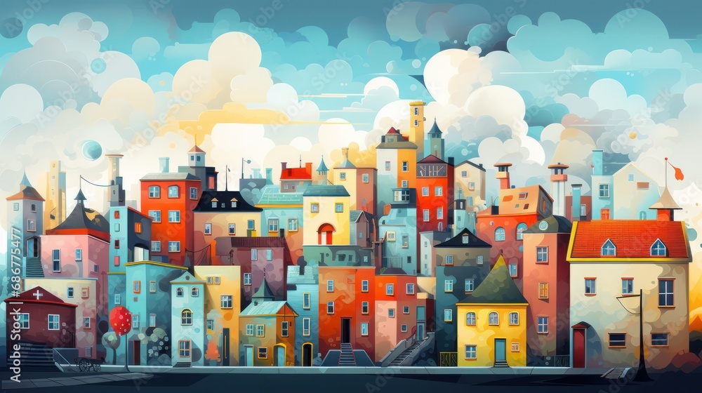 an image of a city street scene with buildings and a clock tower in the ...