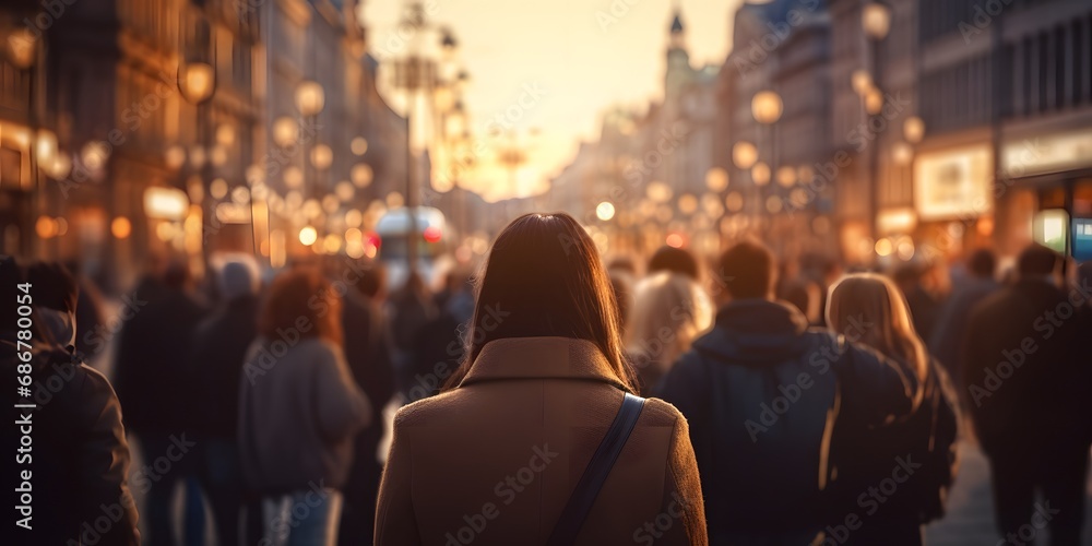 Back view of woman walking among a crowd of people on the street in a ...
