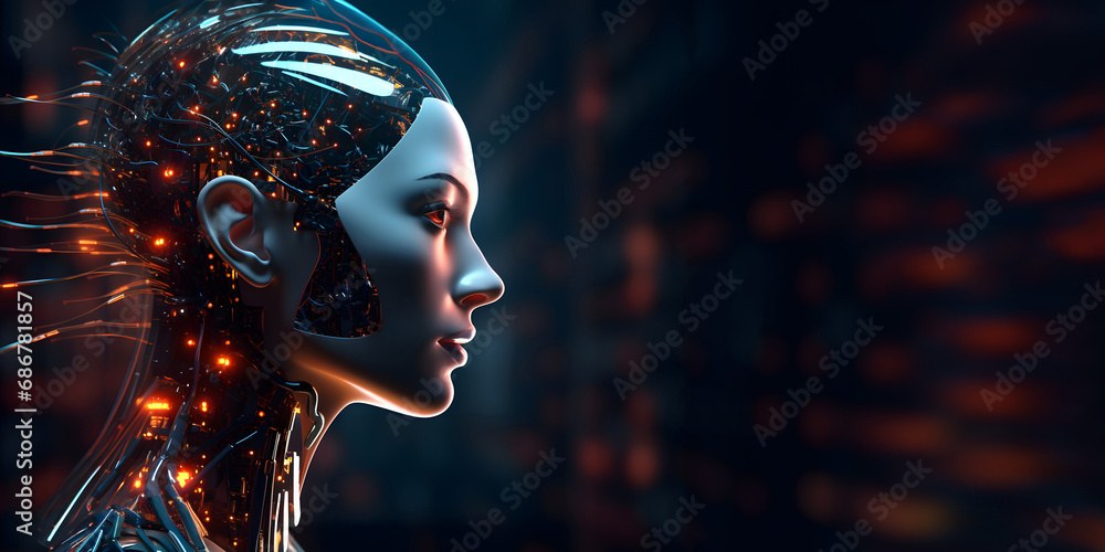 Side view of futuristic female robot head with wires attached to her ...