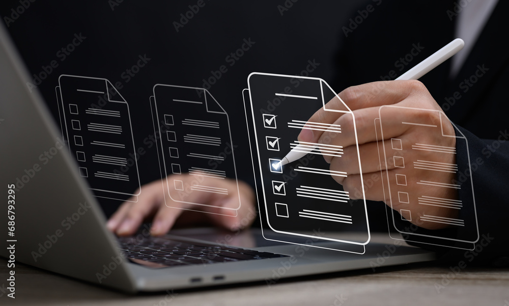 Performance checklist concept : businessman using finger with mobile ...