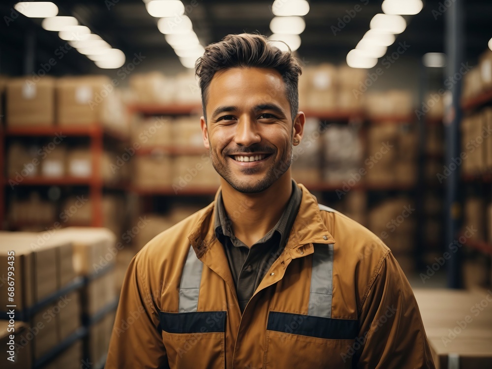 worker standing in warehouse A retail warehouse full of shelves with ...
