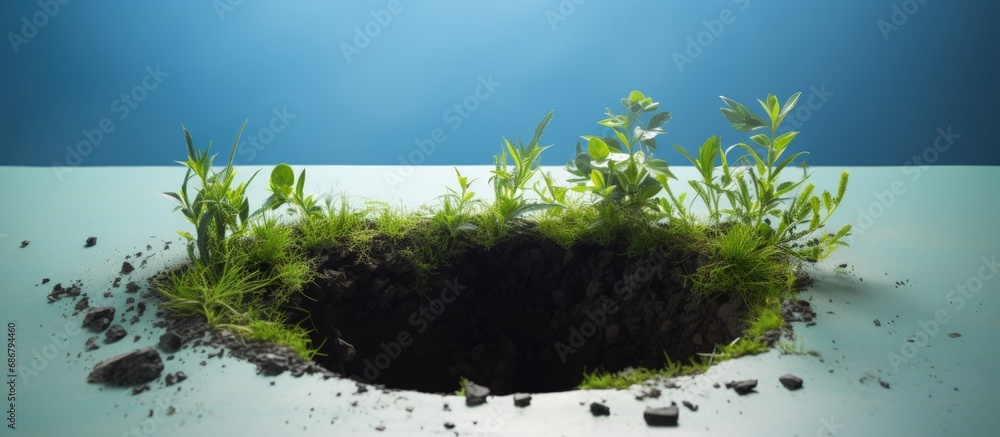 Landscaping weed barrier with hole on ground Copy space image Place for ...