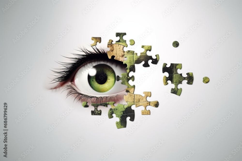 Human eye, partially composed of puzzle pieces, symbolizing the concept ...