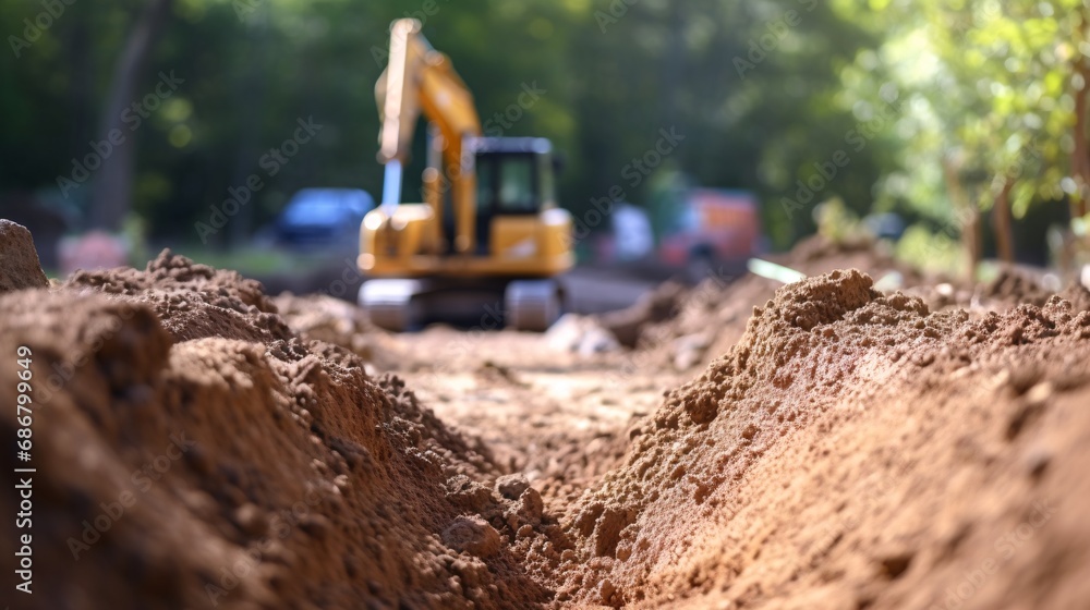A digger excavates a furrow for installing the conduit; the surface is ...
