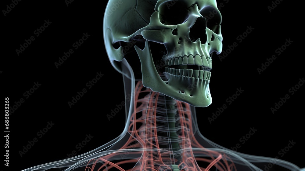 Anatomical illustration of a human skeleton with nerves, muscles, and ...