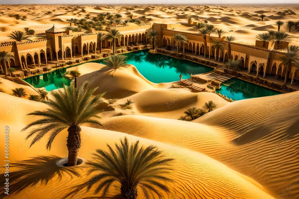 A surreal desert oasis, where golden dunes stretch as far as the eye ...