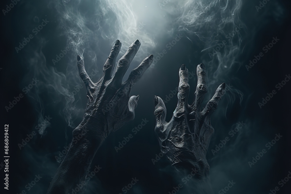 Scary hands from dark, frightening monster hand in fog, Halloween ...