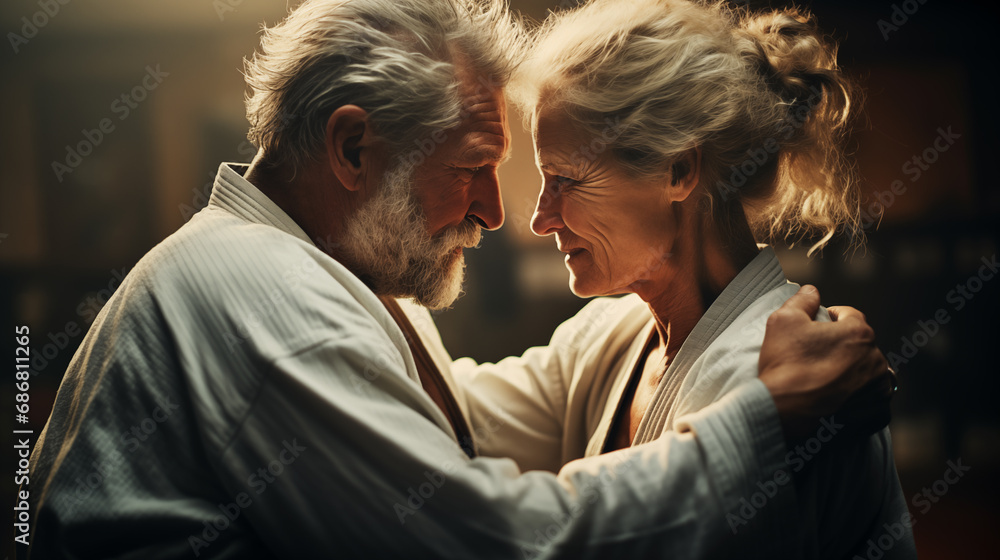 Dynamic photo of a senior couple in an Judo sparring in traditional ...