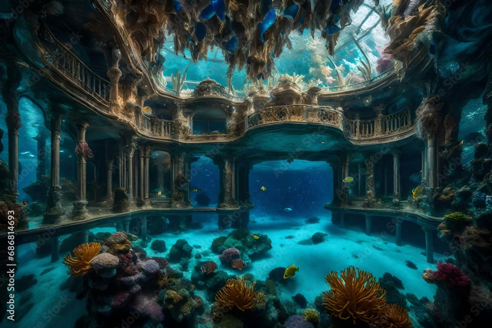 A lavish underwater palace adorned with shimmering crystal formations ...